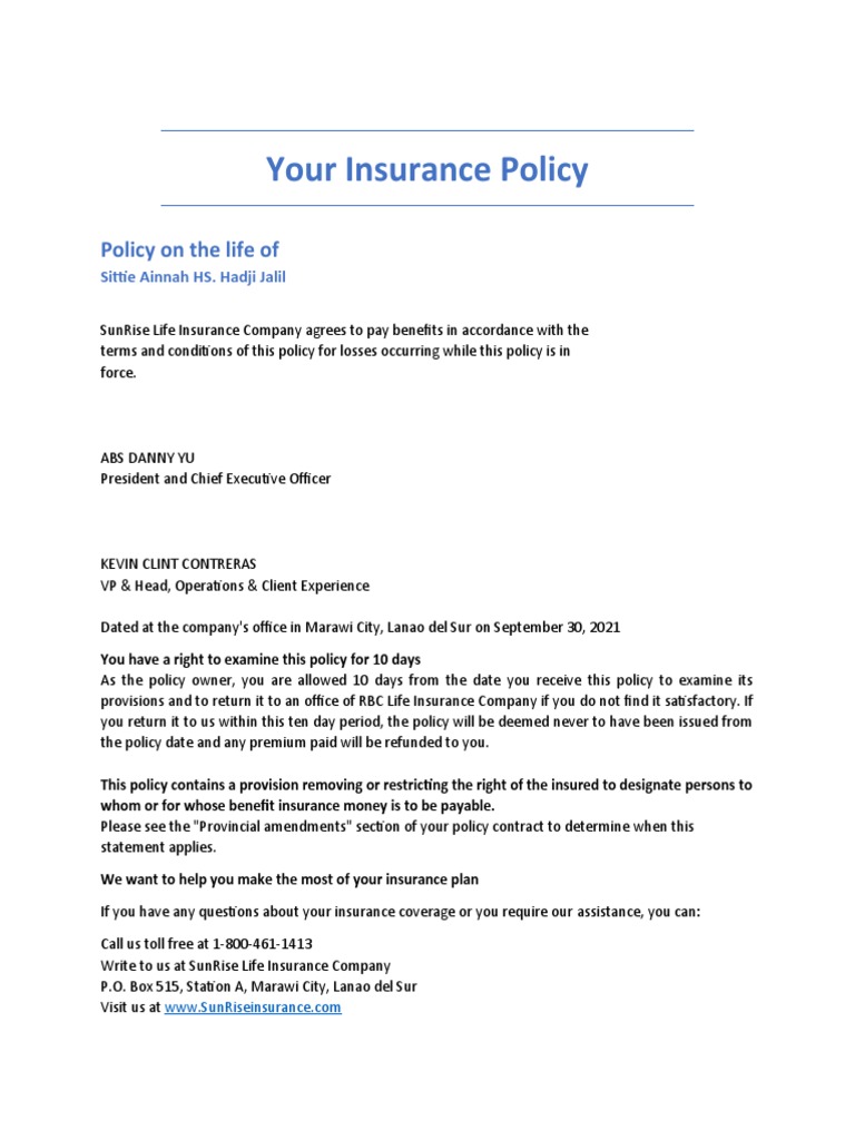Life Insurance Policy Sample | PDF | Insurance | Life Insurance