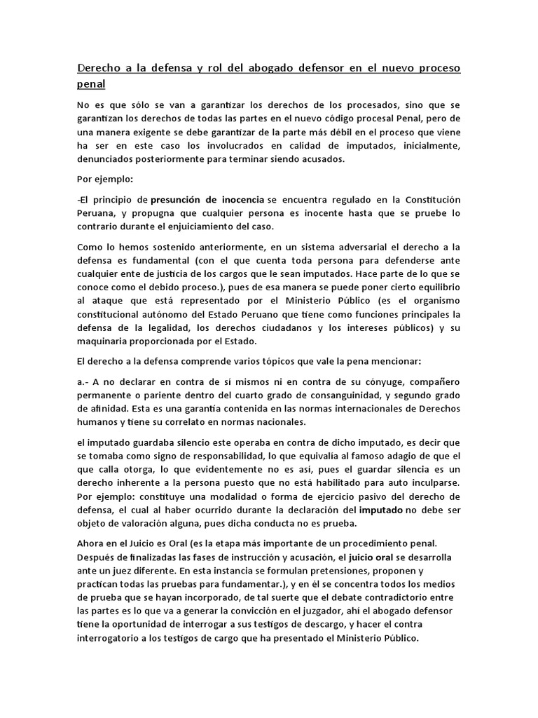 Derecho a la defensa y rol del abogado defensor | PDF | Procedimiento ...