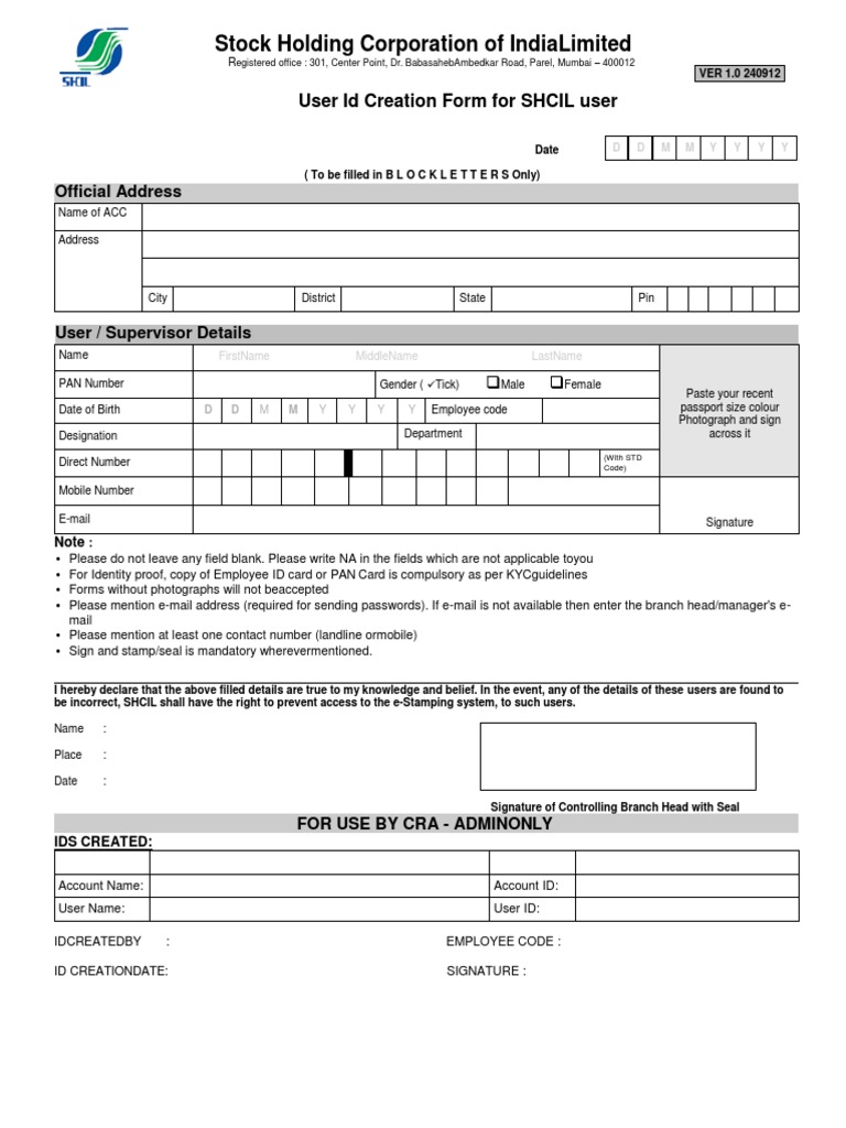 Stock Holding Corporation of Indialimited: User Id Creation Form For ...