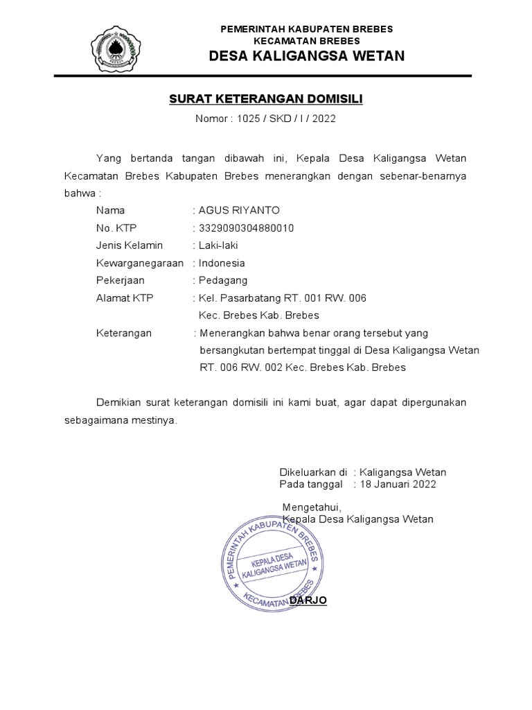 Contoh Surat Keterangan Domisili | PDF