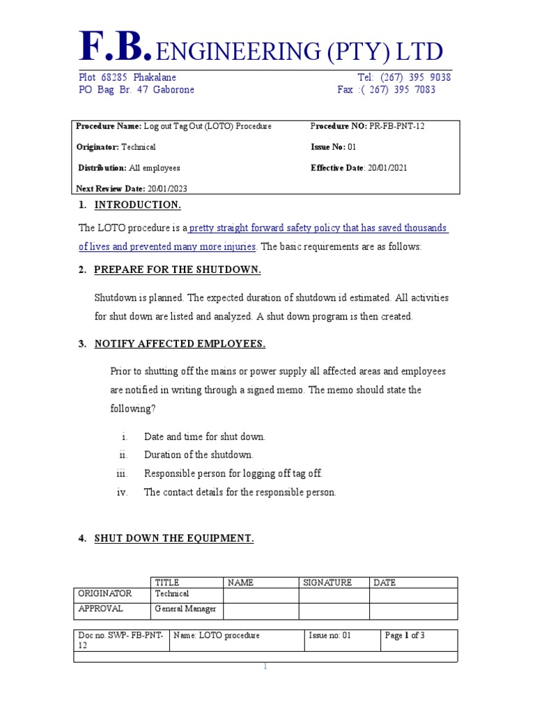 Loto Procedure | PDF | Safety