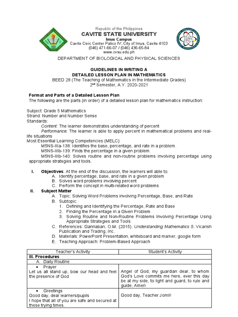 R. Guidelines in Writing A Detailed Lesson Plan in Mathematics | PDF ...