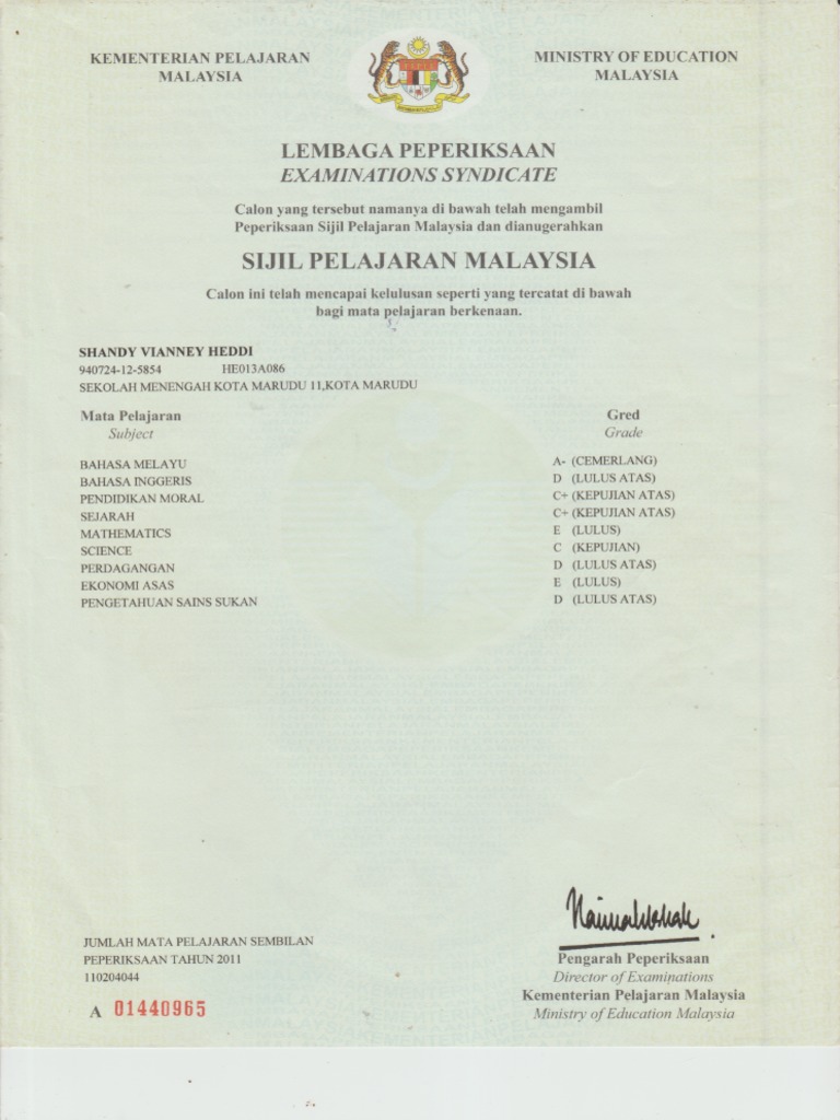 Sijil SPM Shandy Vianney Heedi | PDF