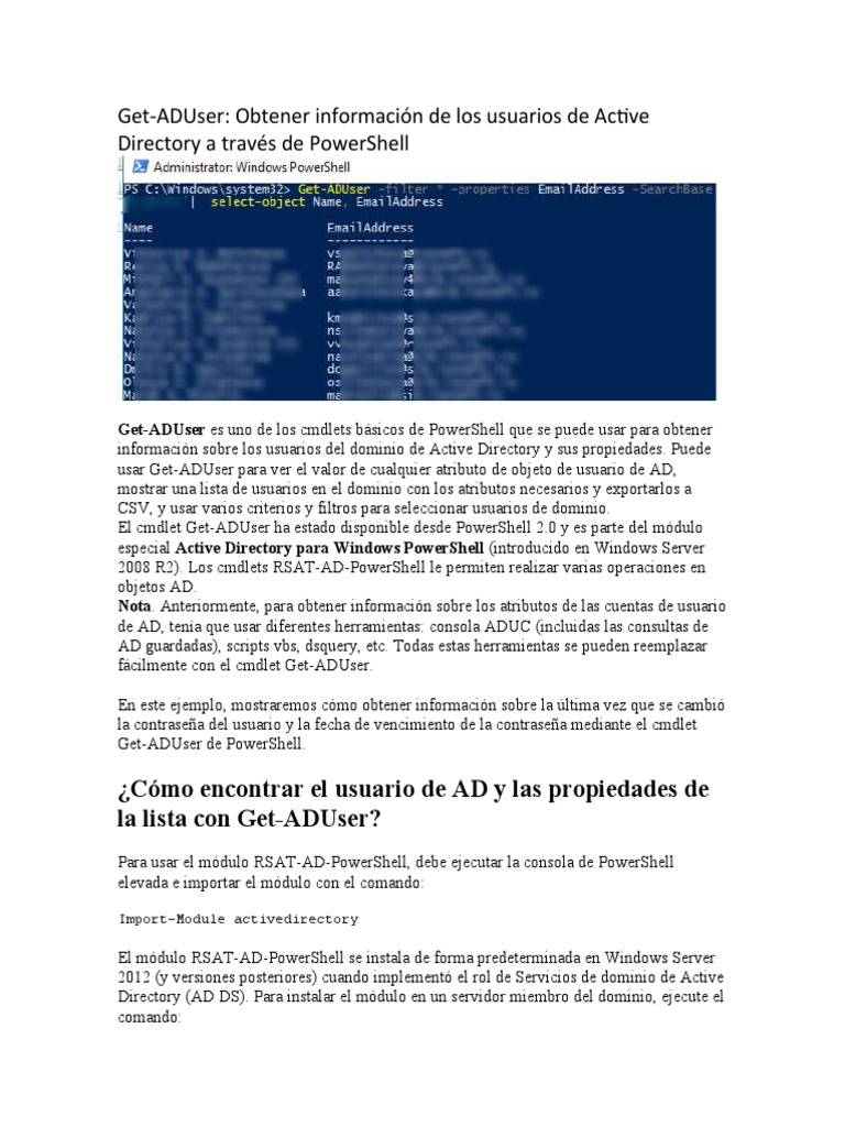 Get-Aduser: Obtener Información de Los Usuarios de Active Directory A Través de Powershell | PDF