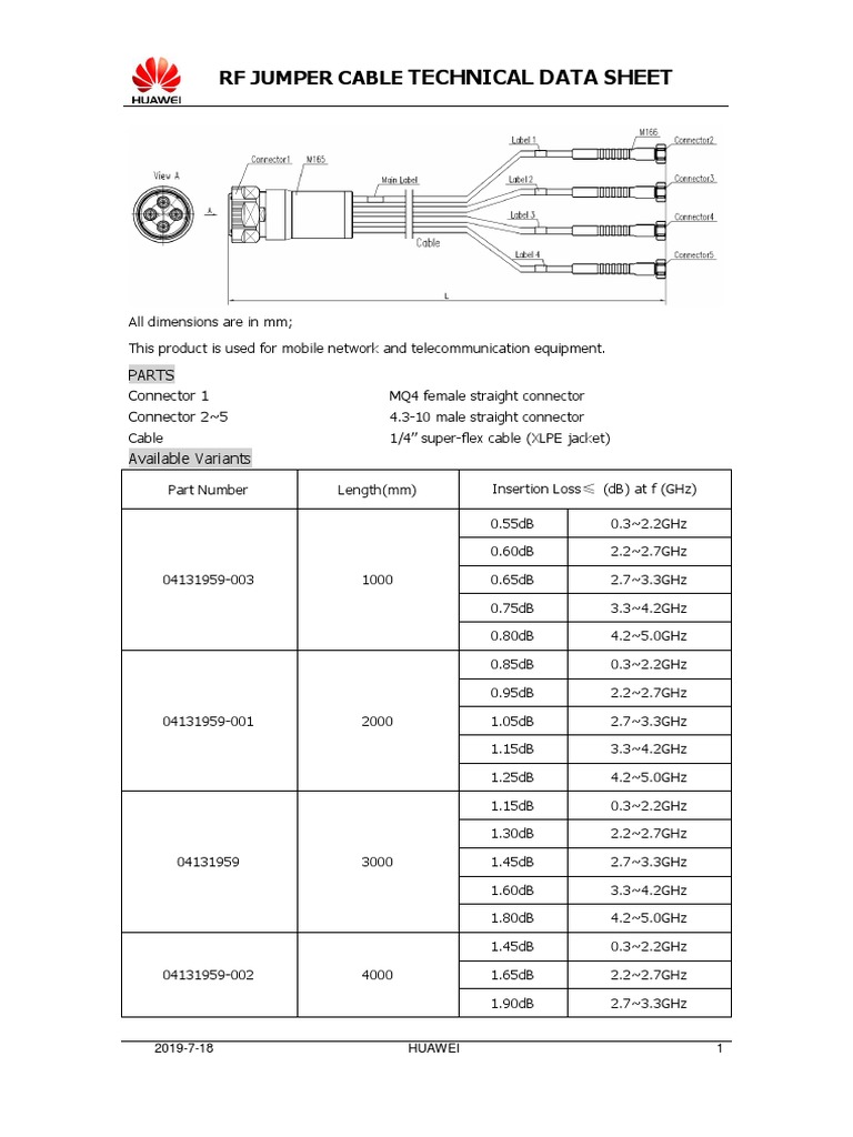 RF Jumper Cable Technical Data Sheet (MQ4 SF-4.3-10 SM) | PDF | Decibel ...
