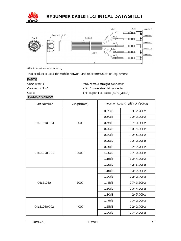 RF Jumper Cable Technical Data Sheet (MQ5 SF-4.3-10 SM) | Download Free ...