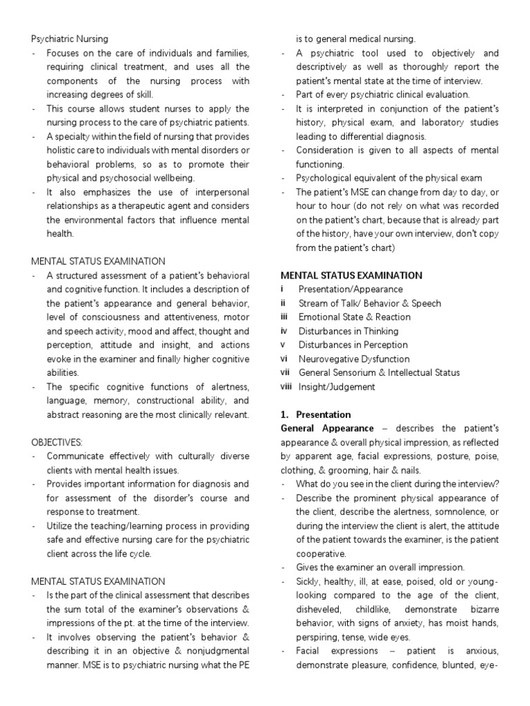 Mental Status Examination in Nursing | PDF | Psychiatry | Mental Disorder