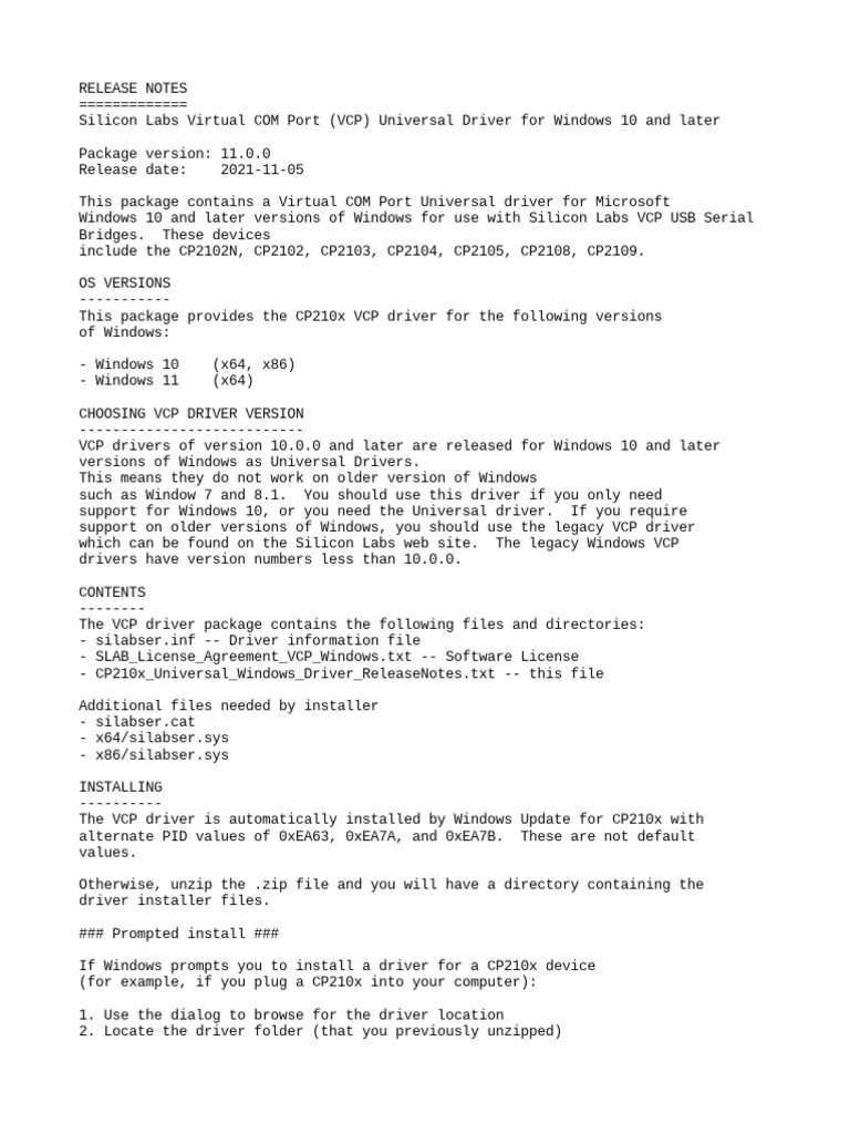 CP210x Universal Windows Driver ReleaseNotes | PDF | Device Driver ...
