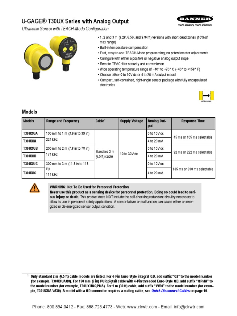 U-GAGE® T30UX Series With Analog Output: Models | PDF | Sensor | Ultrasound