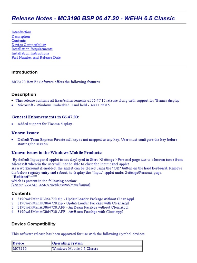 Release Notes - MC3190 BSP 06.47.20 - WEHH 6.5 Classic | PDF | Computer ...