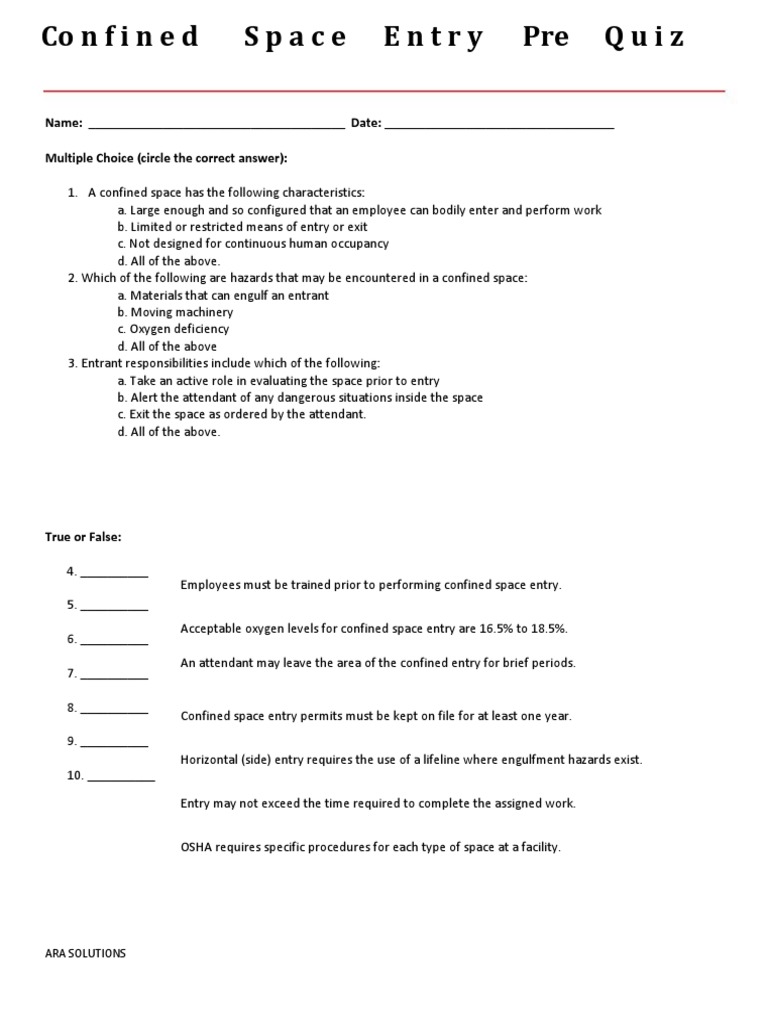 Confined Space Entry Responsibilities Quiz | PDF