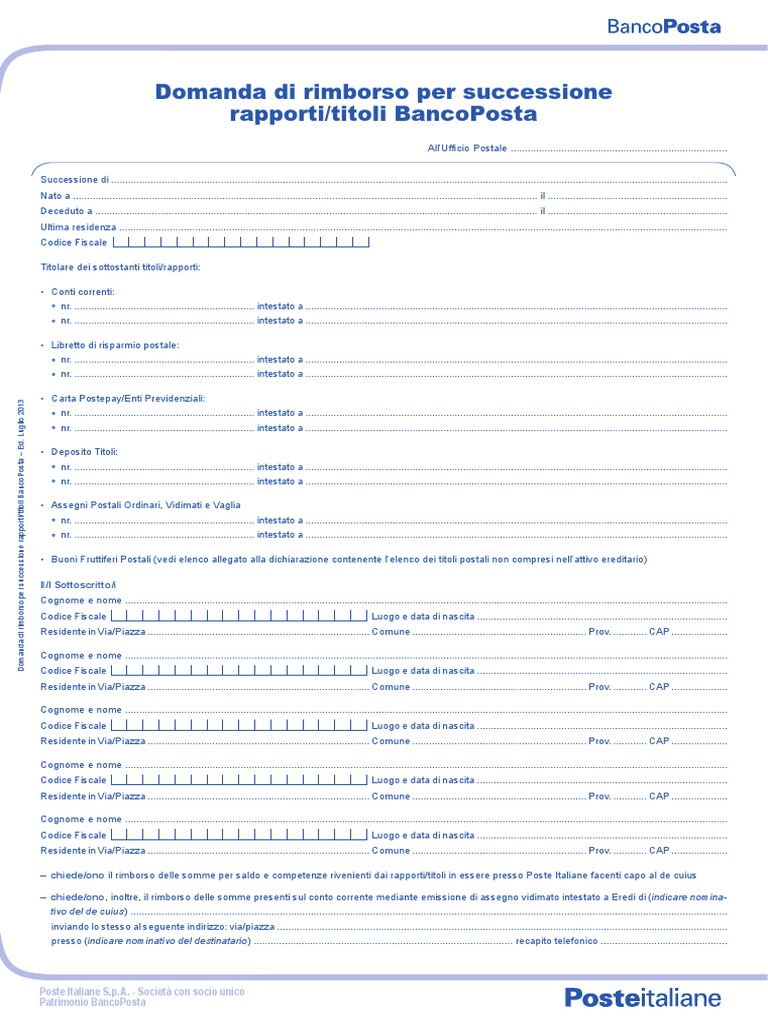 Domanda Di Rimborso Per Successione Rapporti/Titoli Bancoposta | PDF
