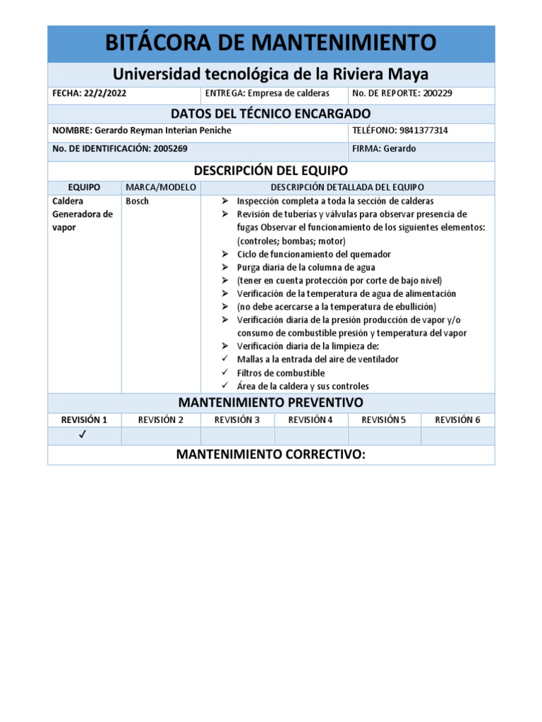 Bitácora de Mantenimiento Calderas | PDF