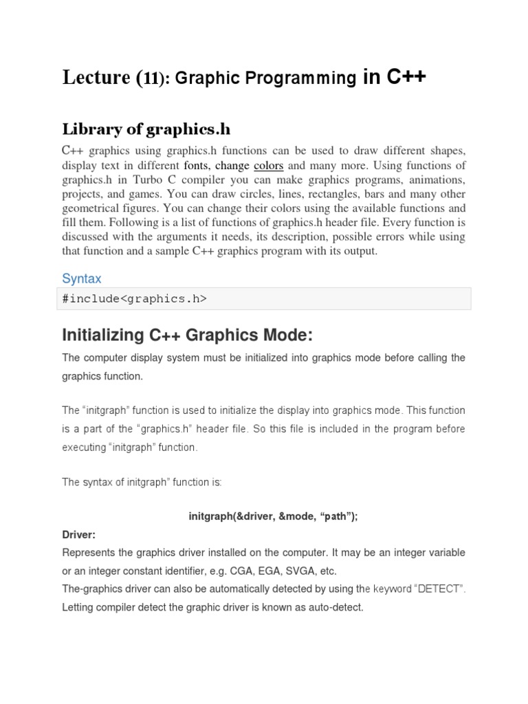 Lecture (In C++: 11) : Graphic Programming | PDF | Subroutine | C++