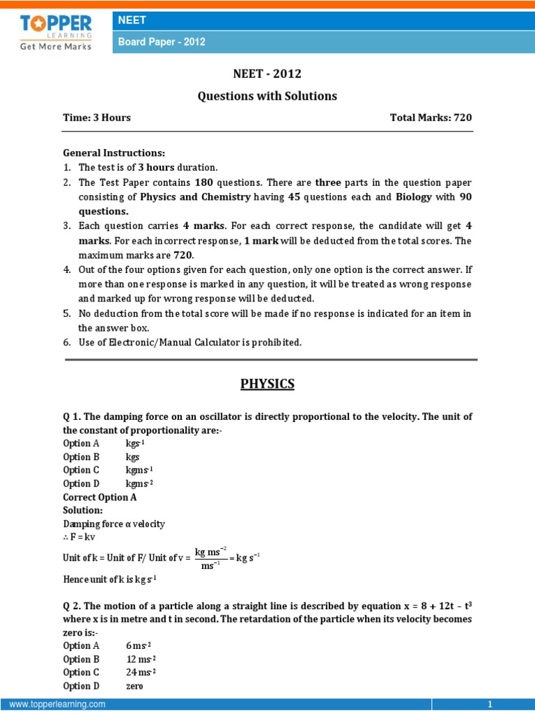 NEET - 2012 Questions With Solutions: Time: 3 Hours Total Marks: 720 ...