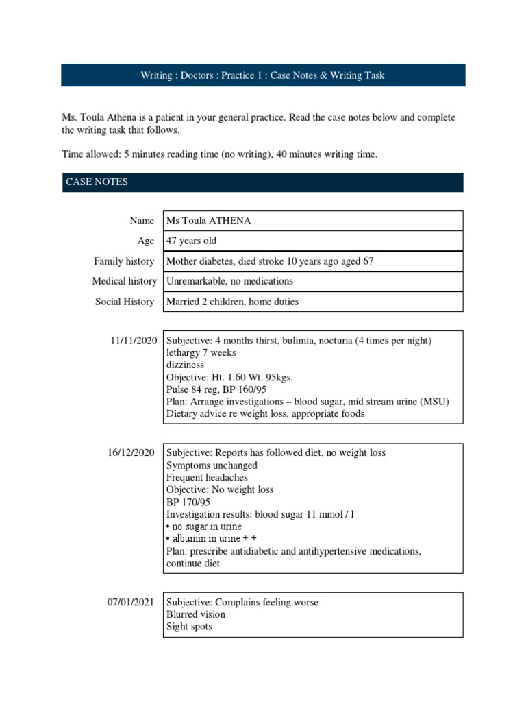 Writing: Doctors: Practice 1: Case Notes & Writing Task | PDF