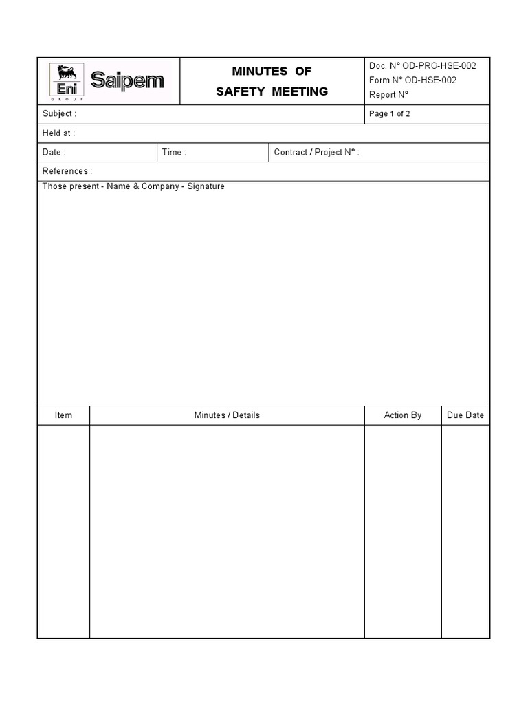 OD-HSE-002 Minutes of Safety Meeting | PDF