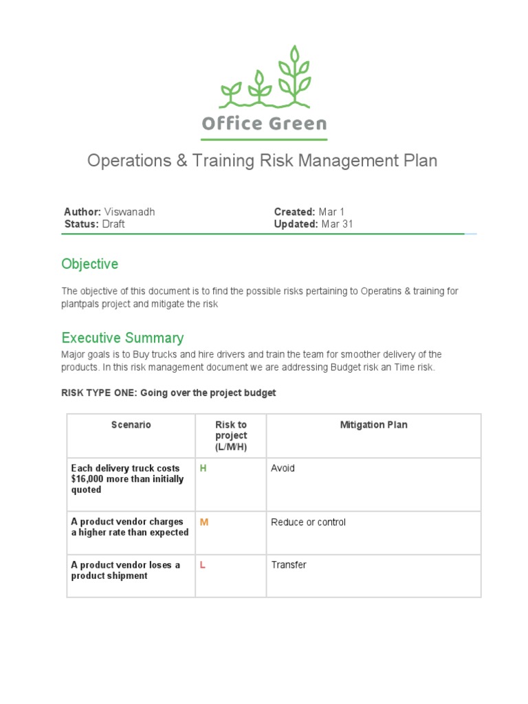 Operations & Training Risk Management Plan: Objective | PDF | Risk ...