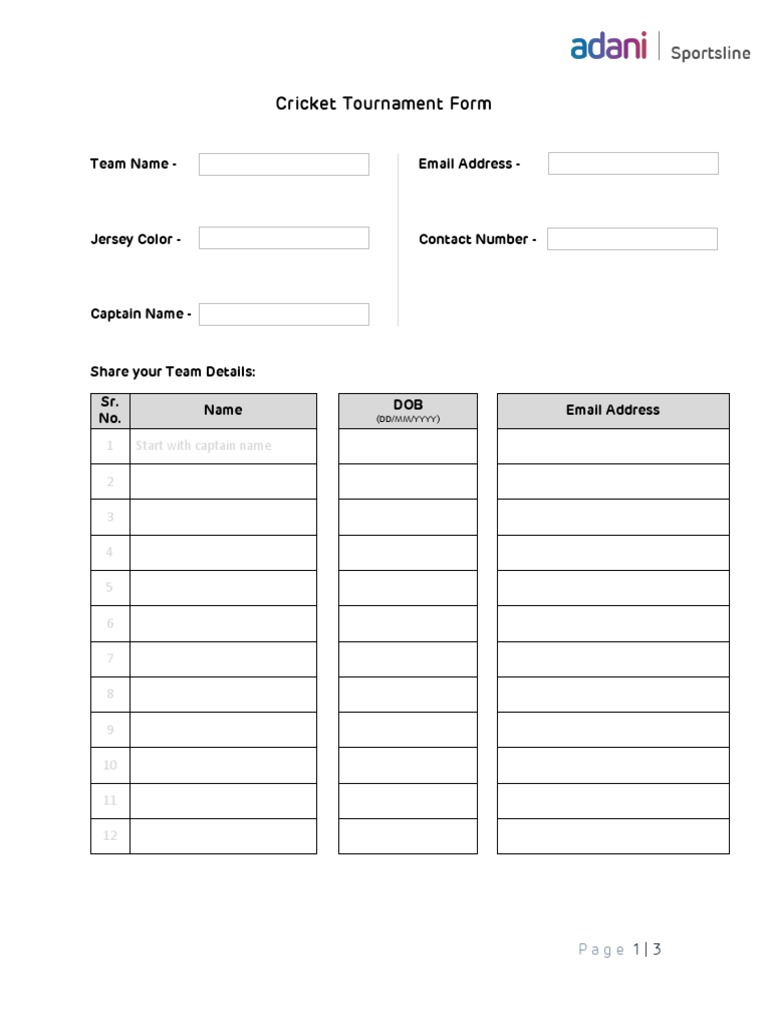 Cricket Tournament Form: Team Name - Email Address | PDF | Cricket ...