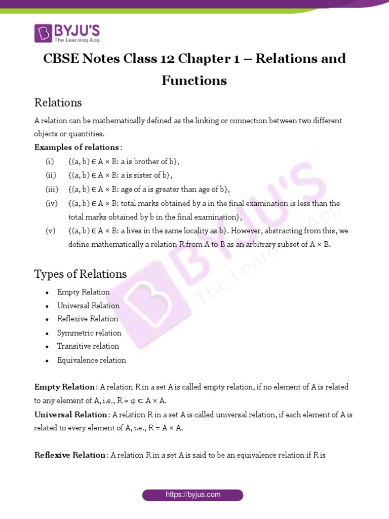CBSE Notes Class 12 Chapter 1 - Relations and Functions | PDF ...