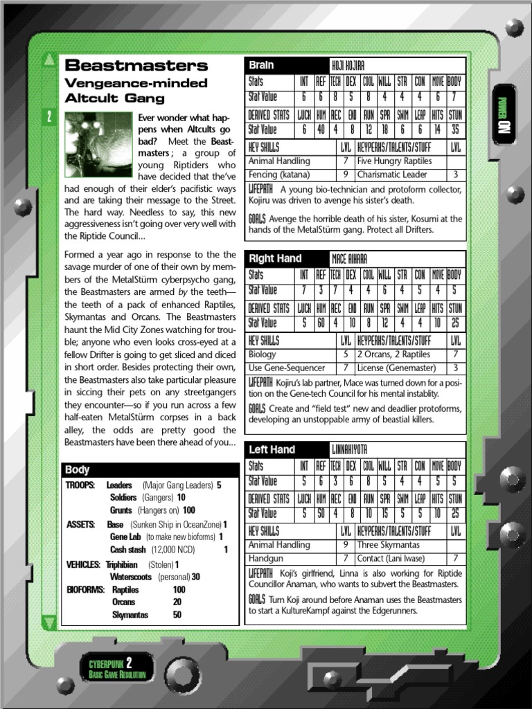 CyberPunk v3 - R Talsorian Group - Sourcebook Web - Beastmaster | PDF