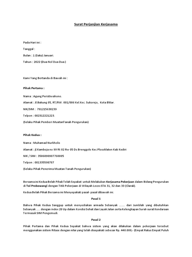 Surat Perjanjian Muatan Tol Probowangi | PDF