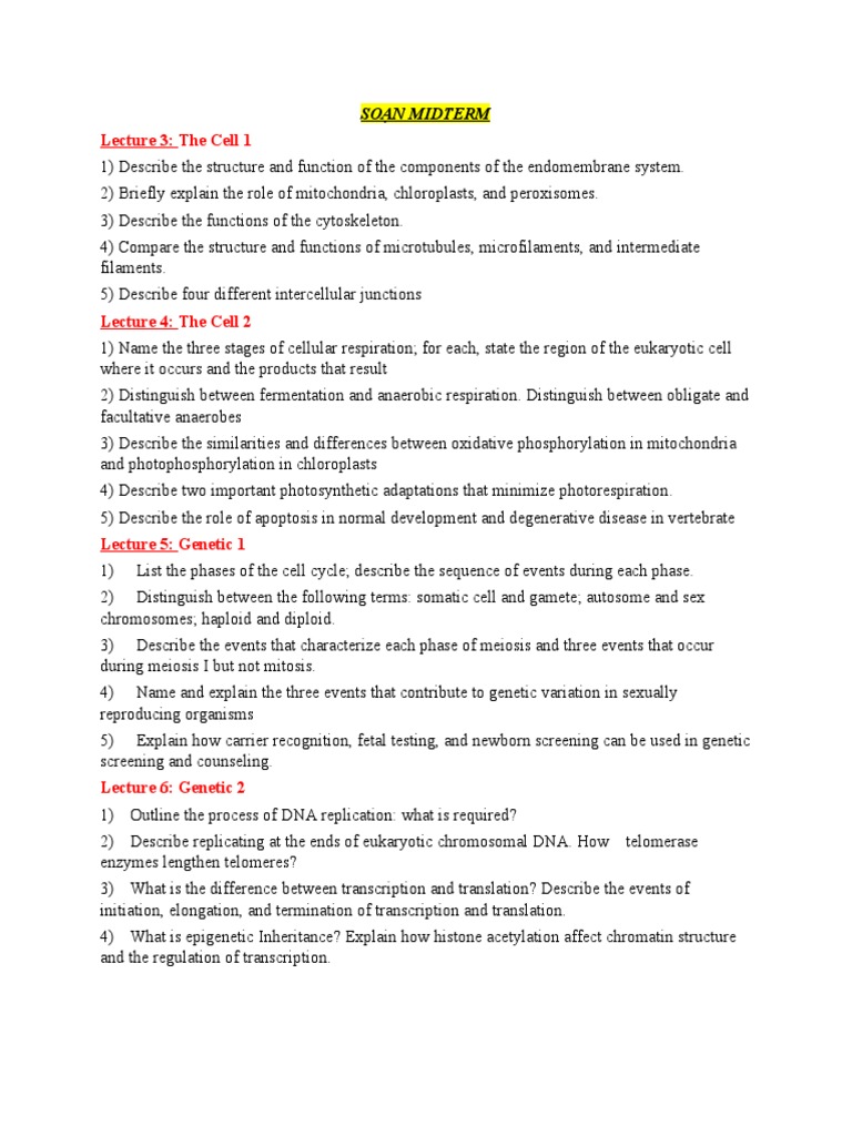 Bio Midterm Review | PDF | Mitosis | Cellular Respiration