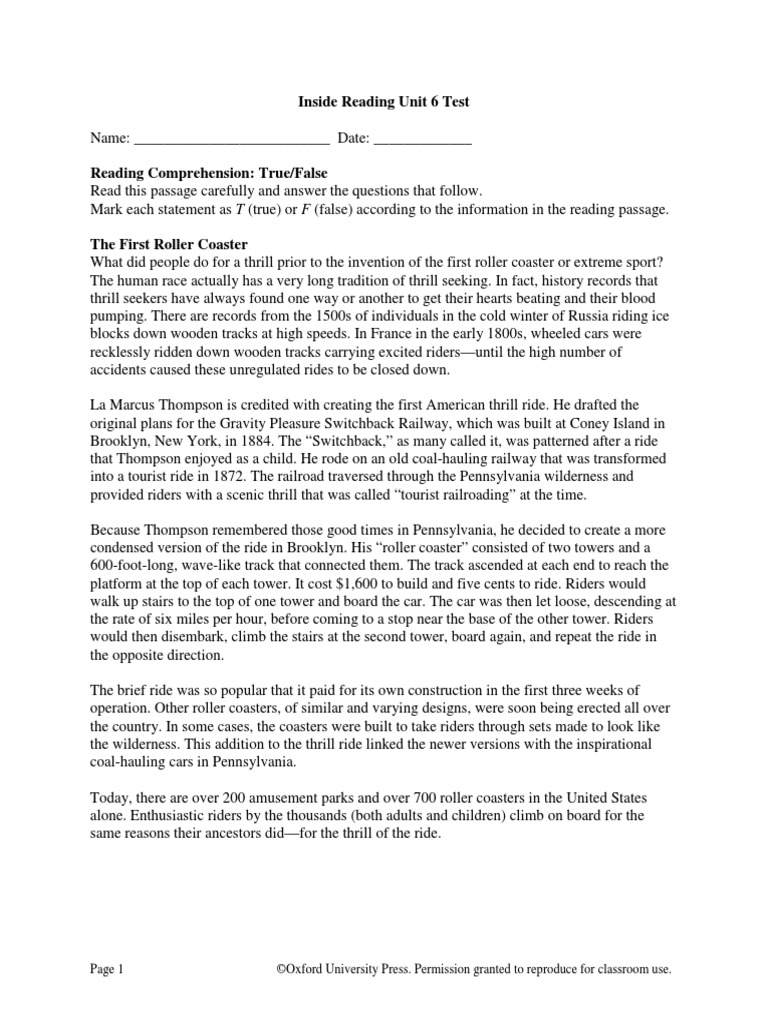 Inside Reading Unit 6 Test: ©oxford University Press. Permission ...