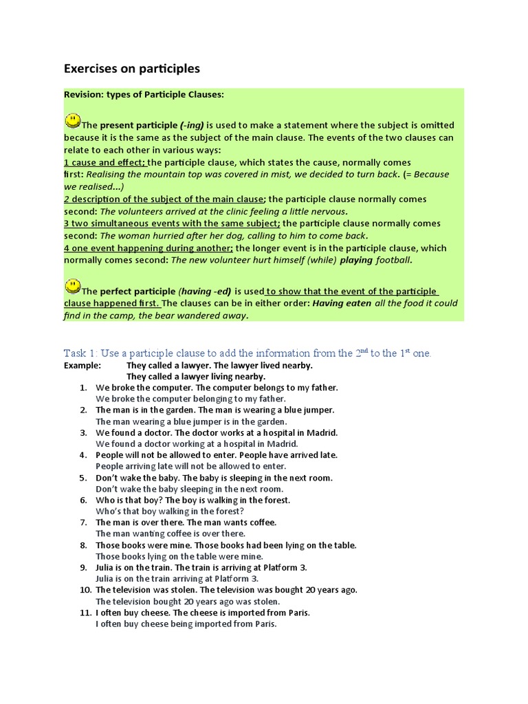 Exercises On Participles: Revision: Types of Participle Clauses | PDF