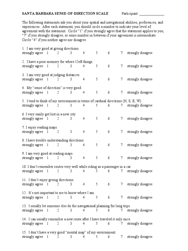 Santa Barbara Sense-Of-Direction Scale | PDF | Cognition | Cognitive ...