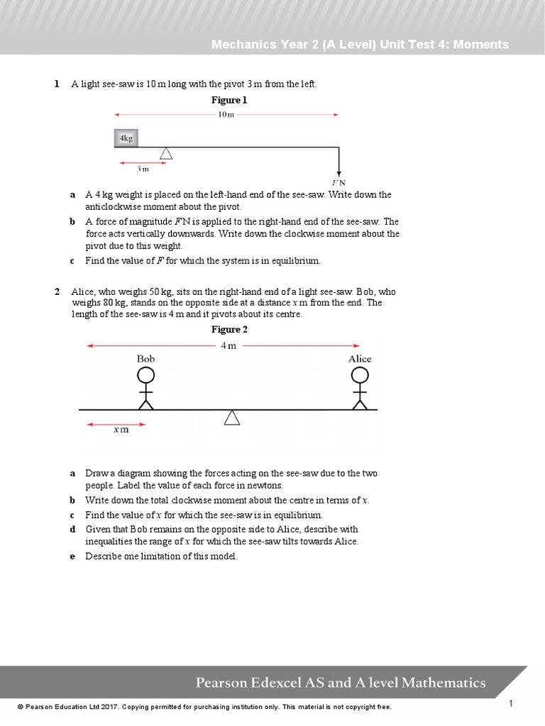 Mechanics Year 2 (A Level) Unit Test 4: Moments | PDF | Force | Physics