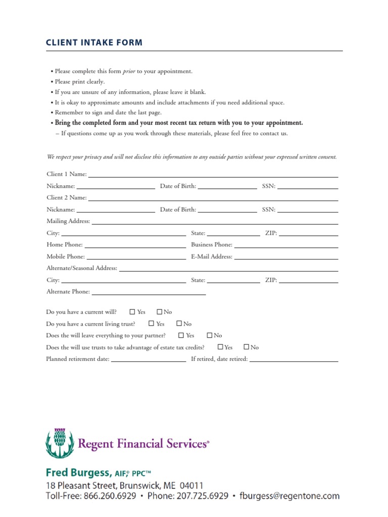 Client Intake Form | PDF | Insurance | Investing
