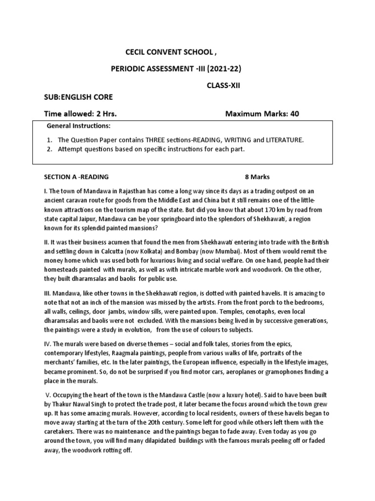 Cecil Convent School, Periodic Assessment - Iii (2021-22) Class-Xii Sub ...