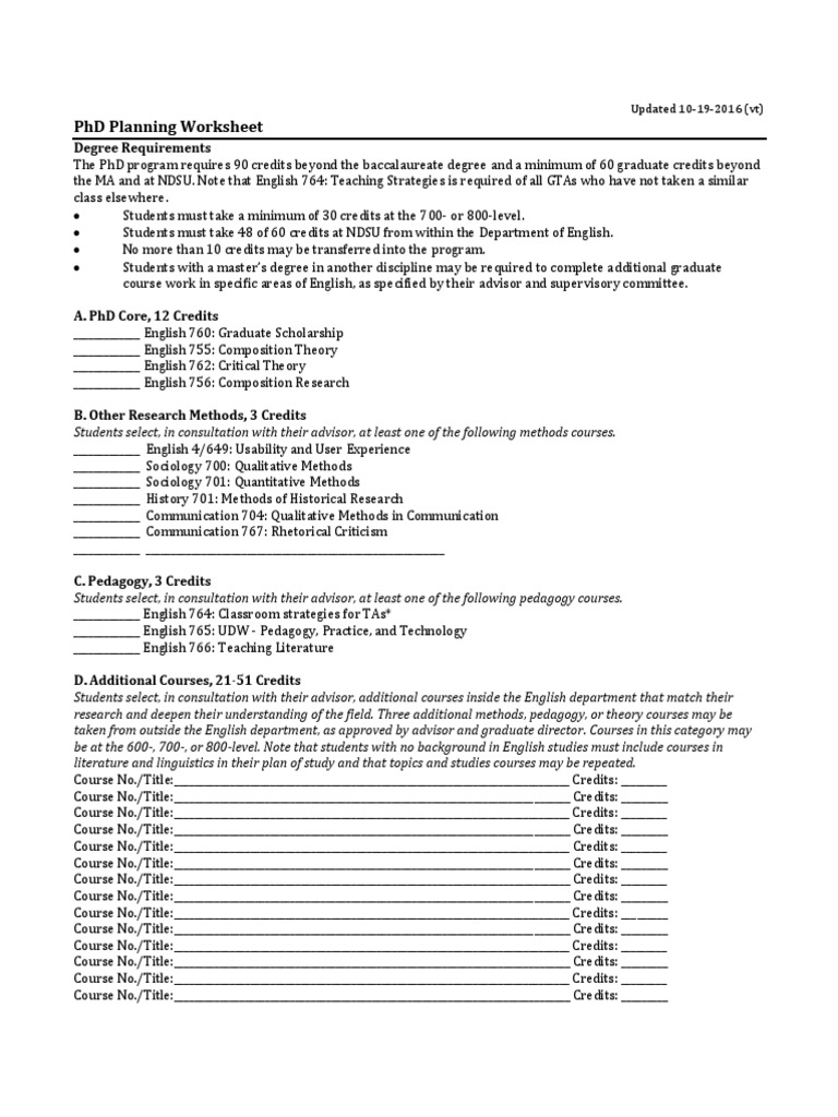 GRAD PHD Planning Worksheet | PDF