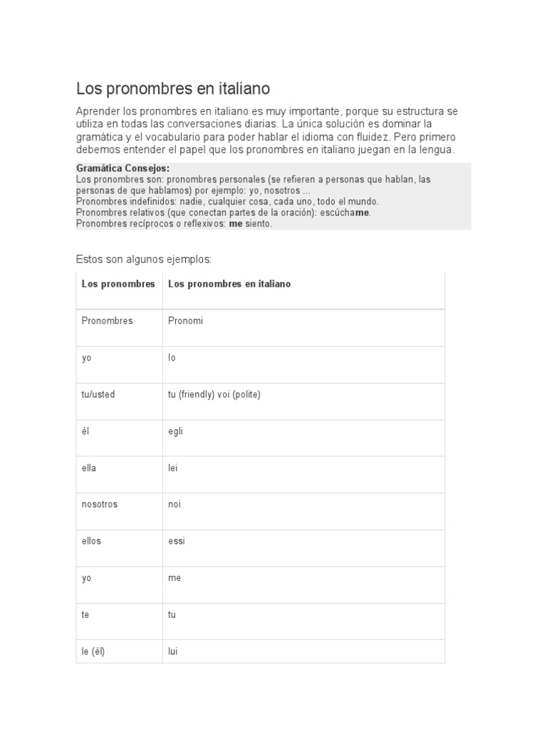 Pronombres Personales en Italiano | PDF | Pronombre | Tipología Lingüística