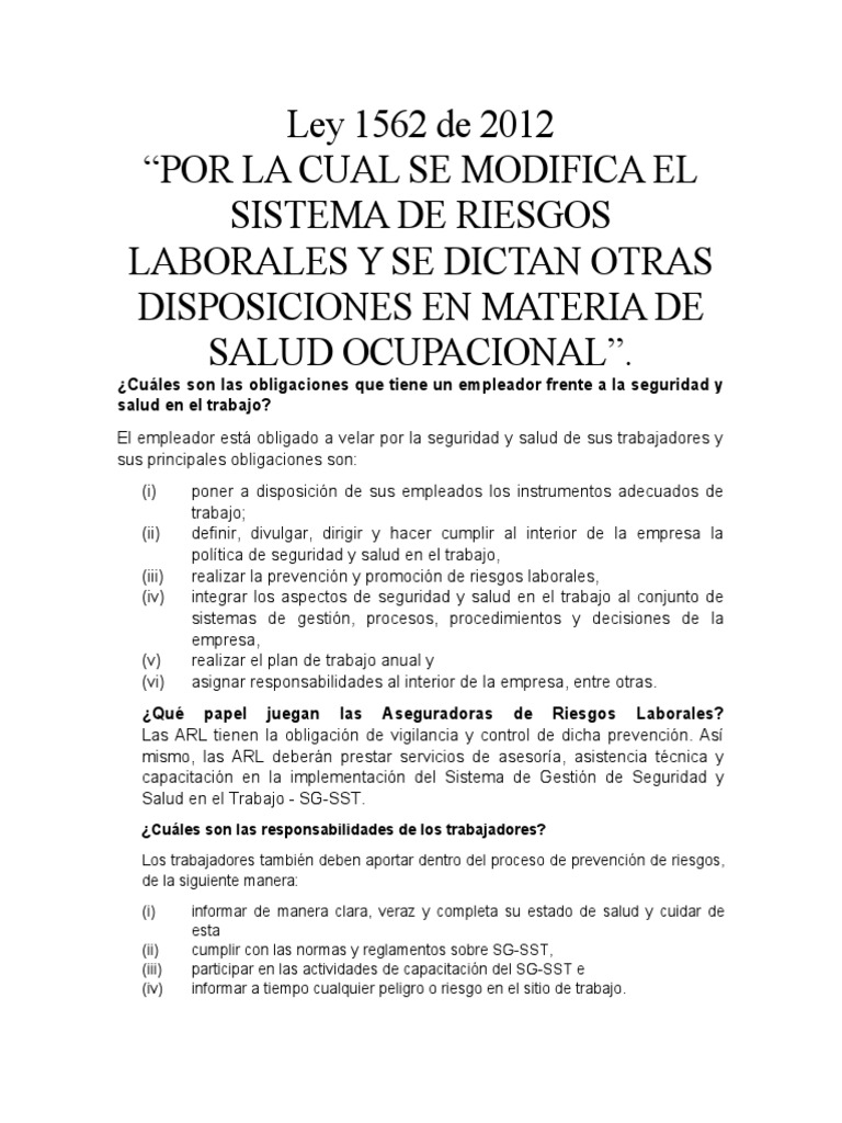 Ley 1562 de 2012 | PDF | Negocios | Finanzas y dinero