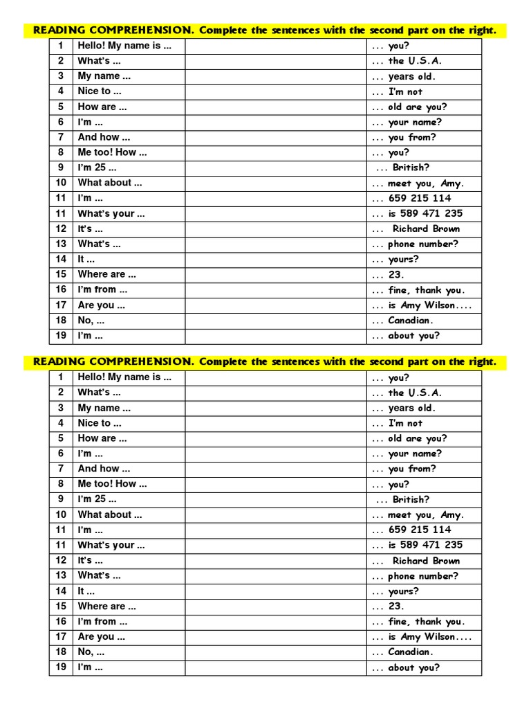 Reading Comprehension. Complete The Sentences With The Second Part ...