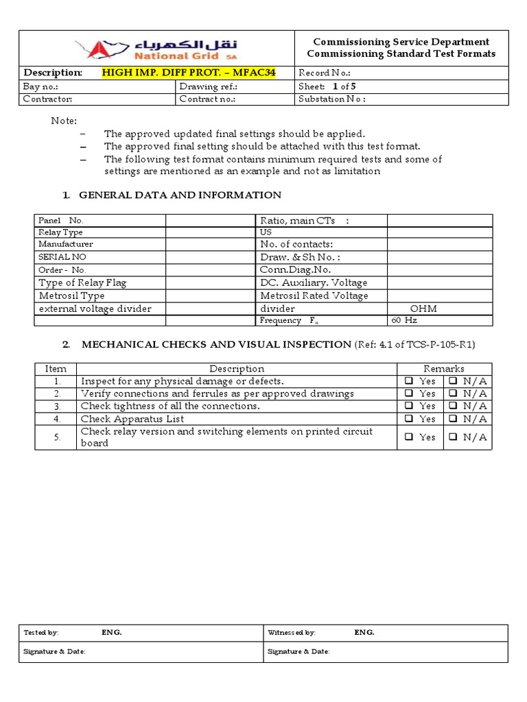 Commissioning Service Department Commissioning Standard Test Formats ...