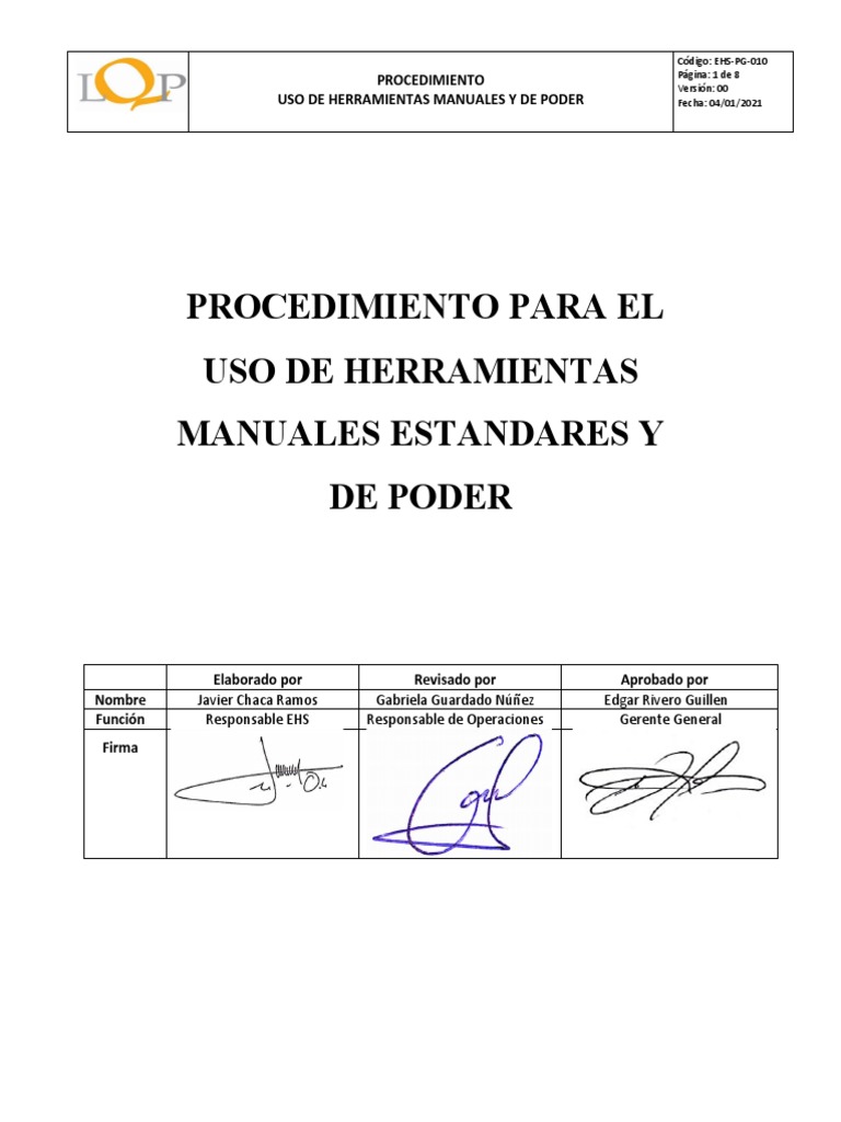 EHS-PG-010-Procedimiento para Uso de Herramientas Manuales y de Poder | PDF | Herramientas ...