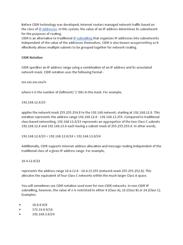 Ip Addresses Ip Subnetting Cidr Notation Pdf Ip Address Bit