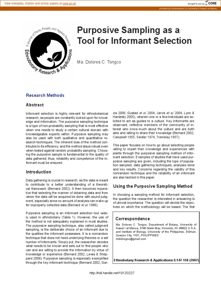 Purposive Sampling As A Tool For Informant Selection: Ma. Dolores C. Tongco | PDF | Sampling ...