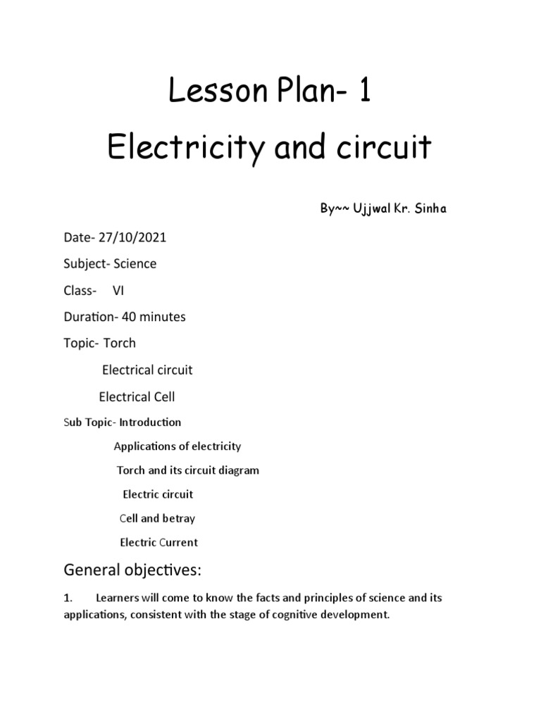 Class 6 Electricity and Circuit Lesson Plan | PDF | Science | Electric ...