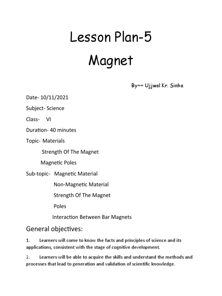 Lesson Plan Class 6 CH Magnet Day 2 | PDF | Magnet | Science