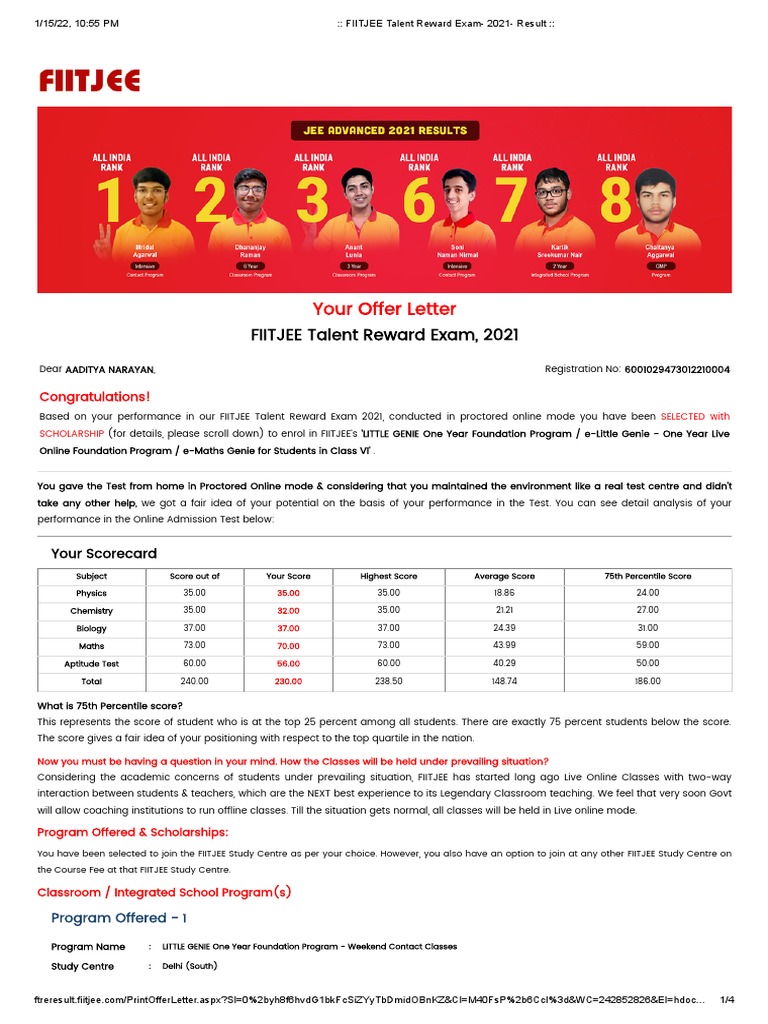 ADITYA FIITJEE Talent Reward Exam - 2021 - Result | PDF | Test ...