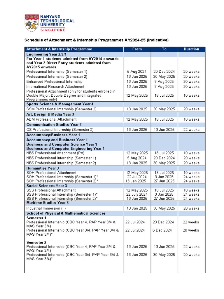 Schedule of Attachment & Internship Programmes AY2024-25 (Indicative ...