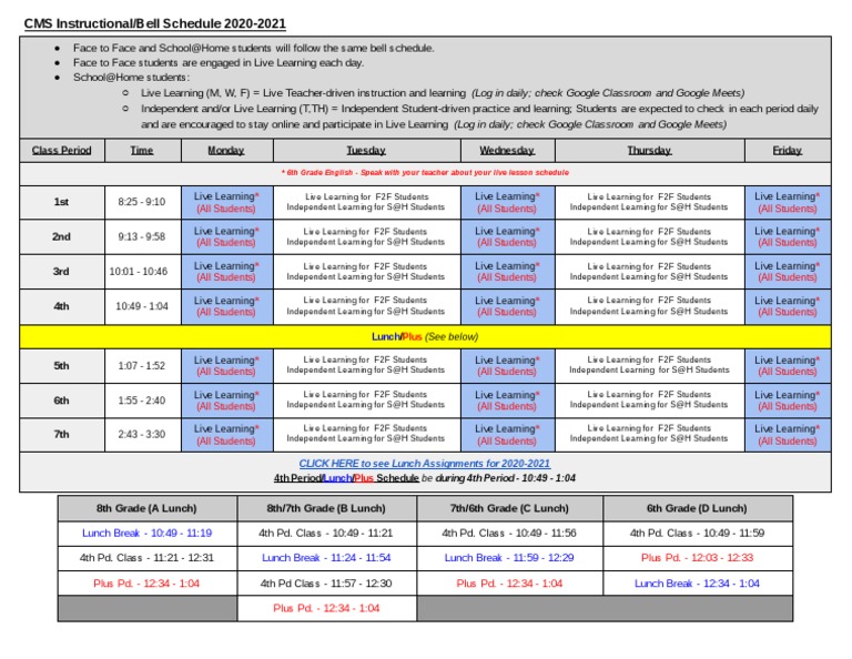 CMS Instructional - Bell Schedule, Spring 2020-2021 | PDF | Classroom ...