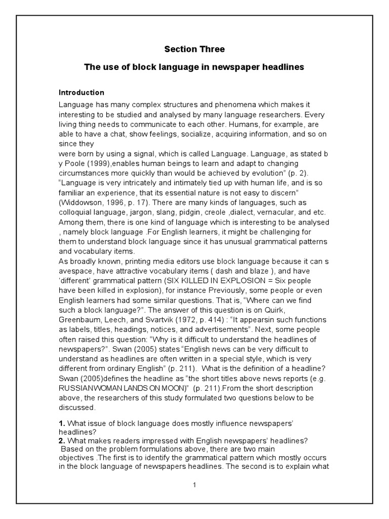Section Three The Use of Block Language in Newspaper Headlines | PDF ...