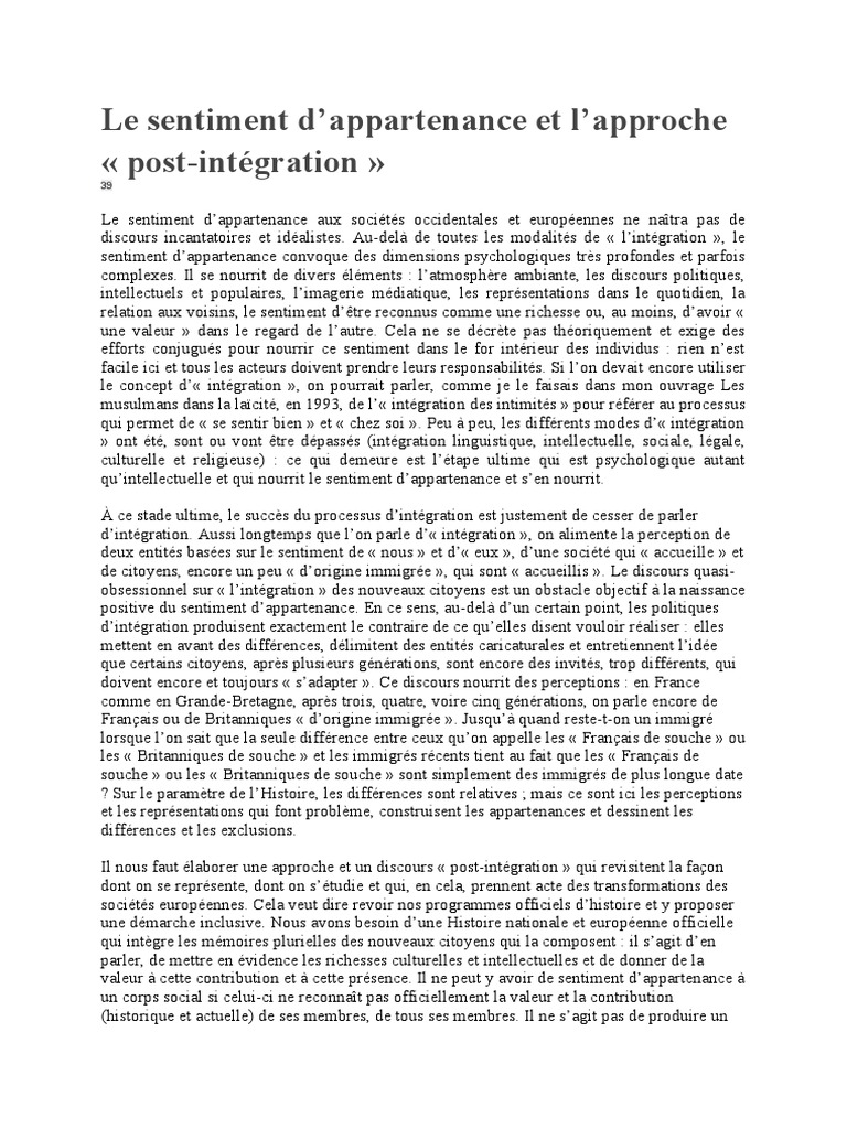 Sentiment d'appartenance et post-intégration | PDF | Sciences sociales