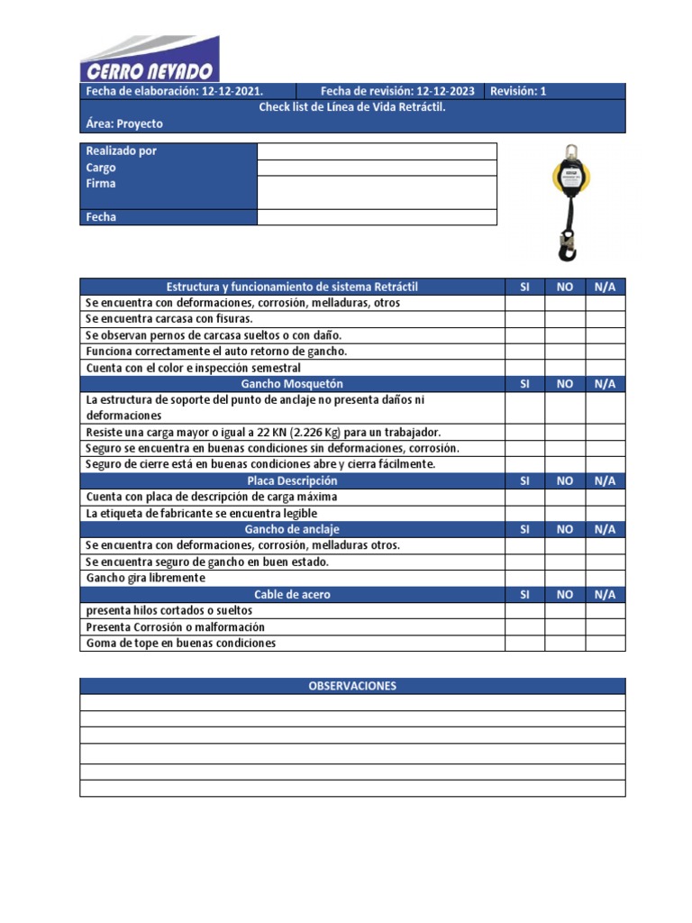 Check List Linea de Vida Retractil Rev 1 | PDF
