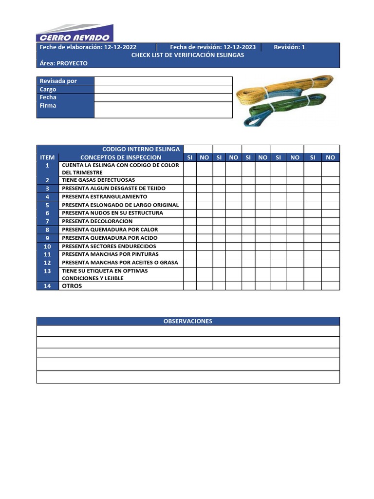 Check List Eslingas Cerro Nevado REV 1 | PDF